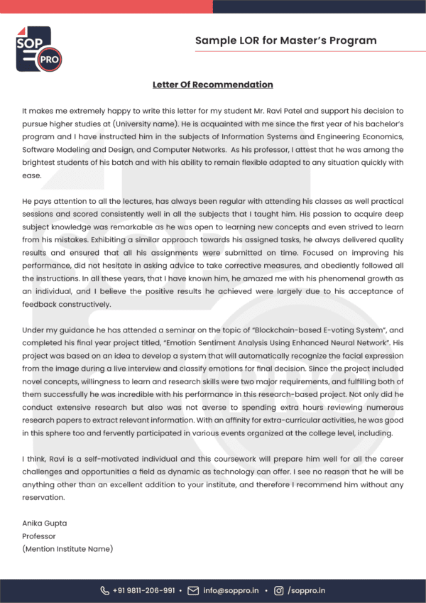 Academic LOR Samples and Examples in PDF format for Study Abroad