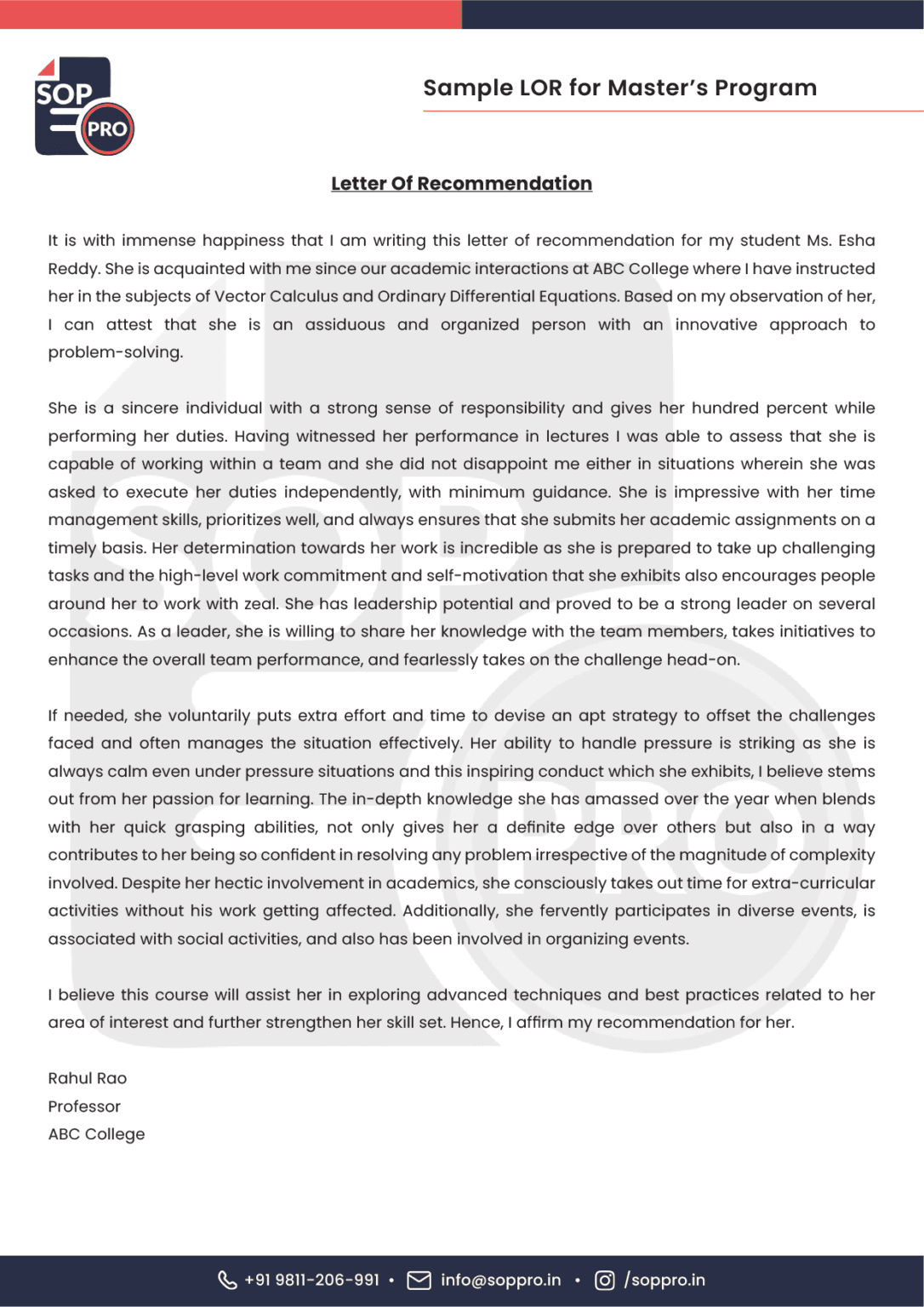 Academic LOR Samples and Examples in PDF format for Study Abroad