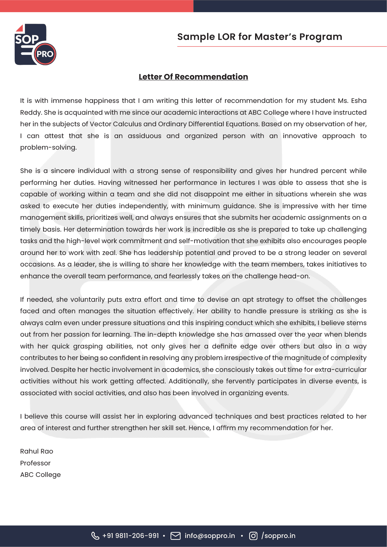 Academic LOR Samples and Examples in PDF format for Study Abroad