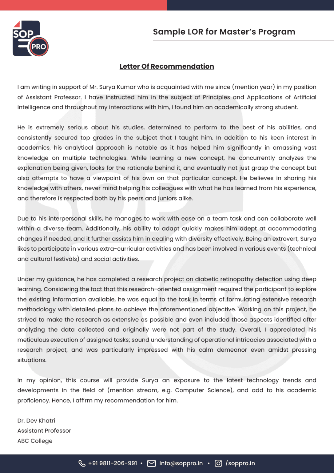 Academic LOR Samples and Examples in PDF format for Study Abroad