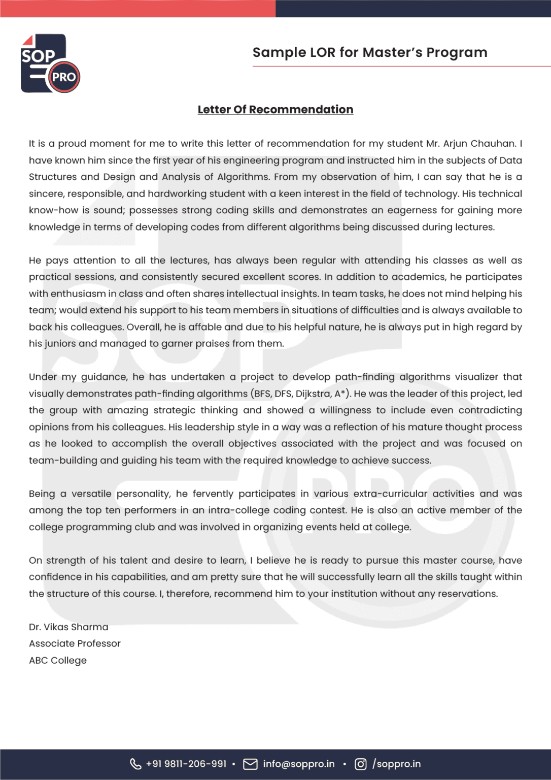 Academic LOR Samples and Examples in PDF format for Study Abroad