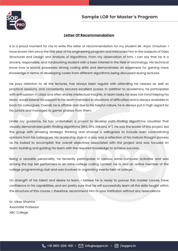 Academic LOR Samples and Examples in PDF format for Study Abroad