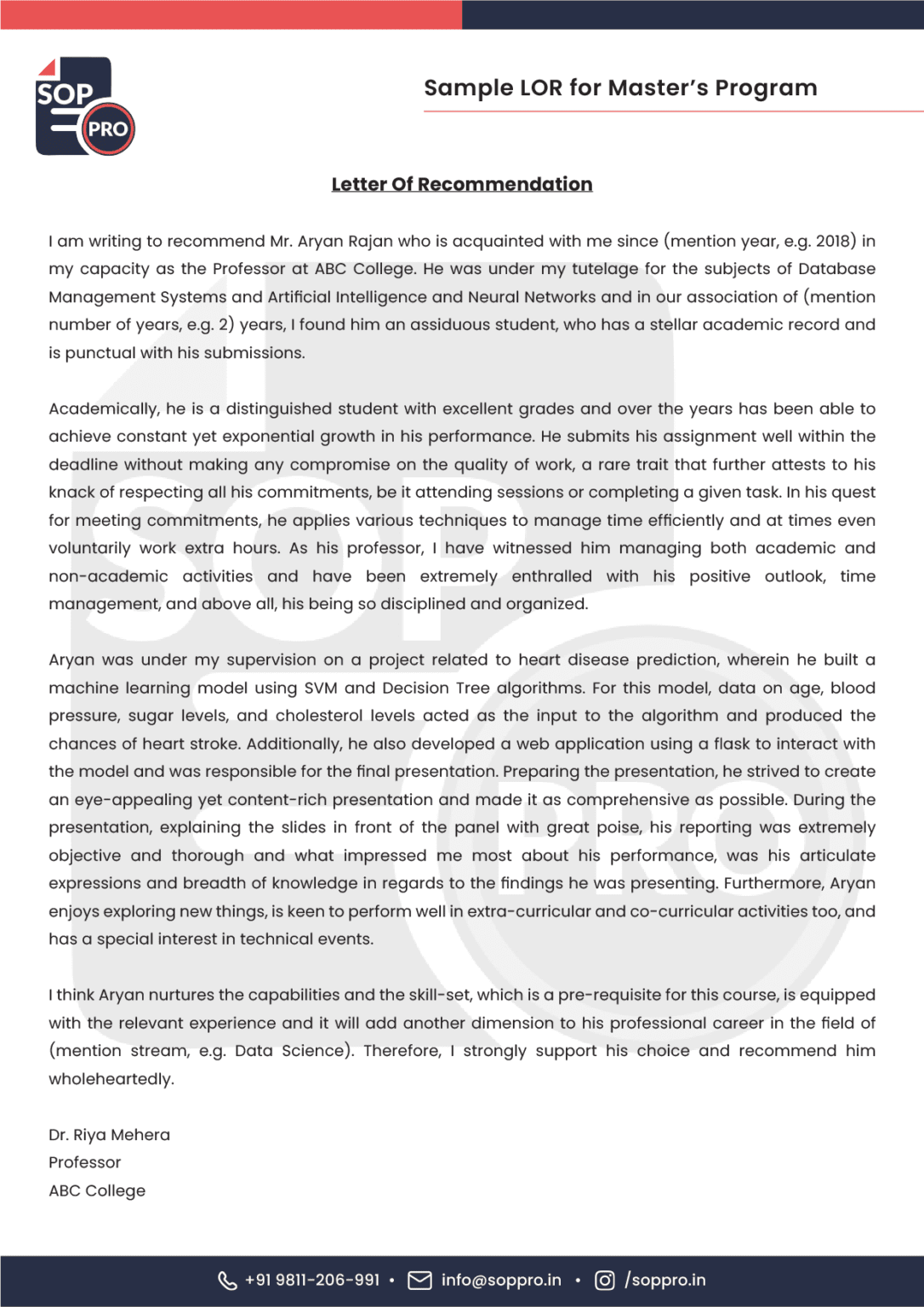 Academic LOR Samples and Examples in PDF format for Study Abroad