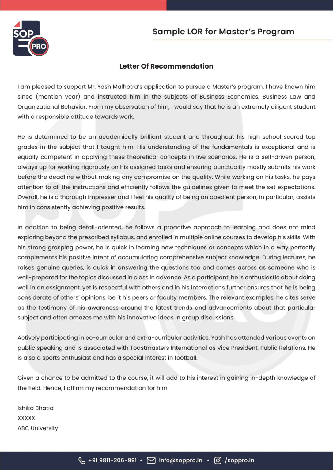 Academic LOR Samples and Examples in PDF format for Study Abroad