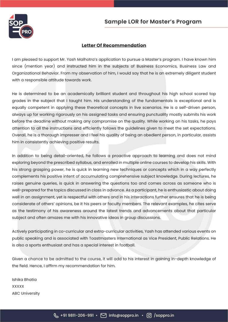 Academic LOR Samples and Examples in PDF format for Study Abroad