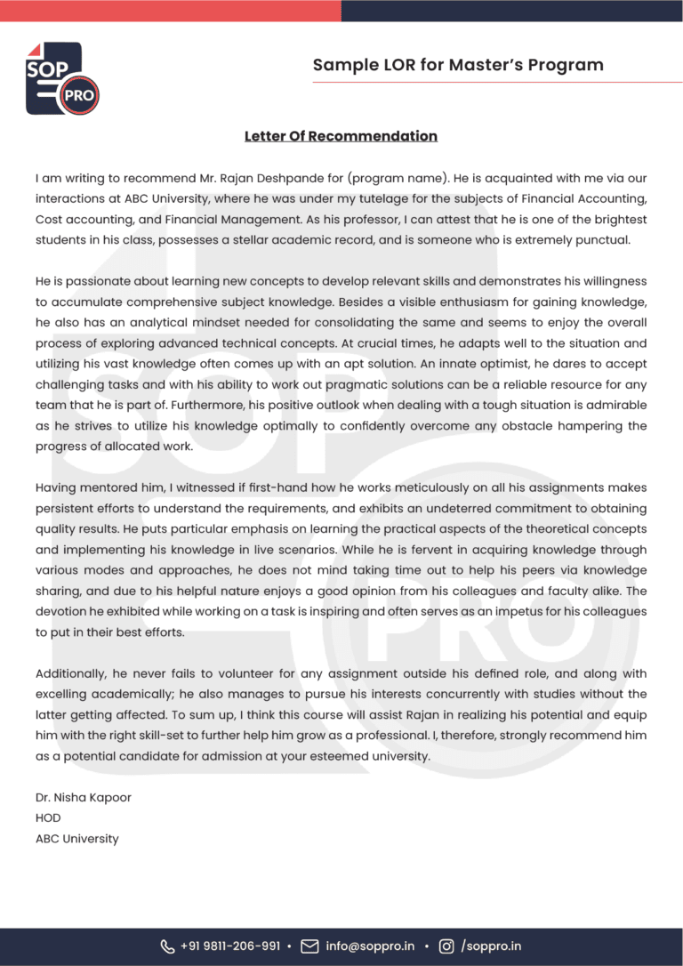 Academic LOR Samples and Examples in PDF format for Study Abroad