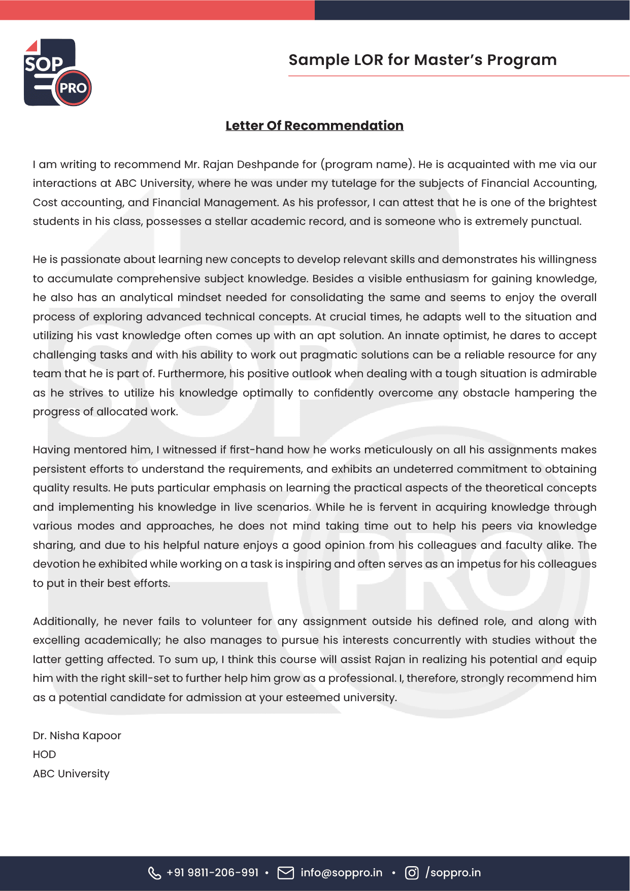 Academic LOR Samples and Examples in PDF format for Study Abroad