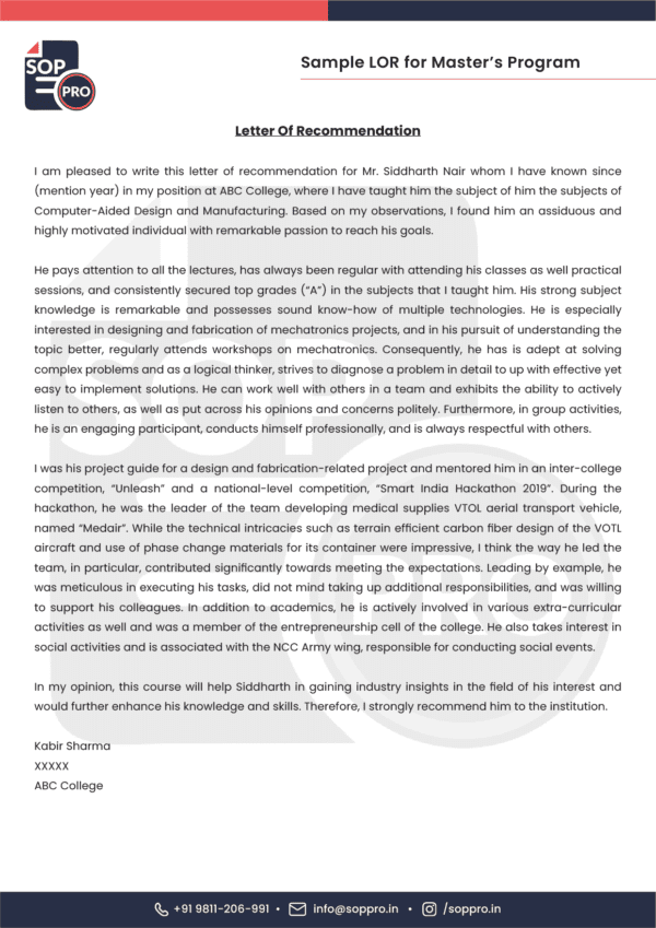 Academic LOR Samples and Examples in PDF format for Study Abroad