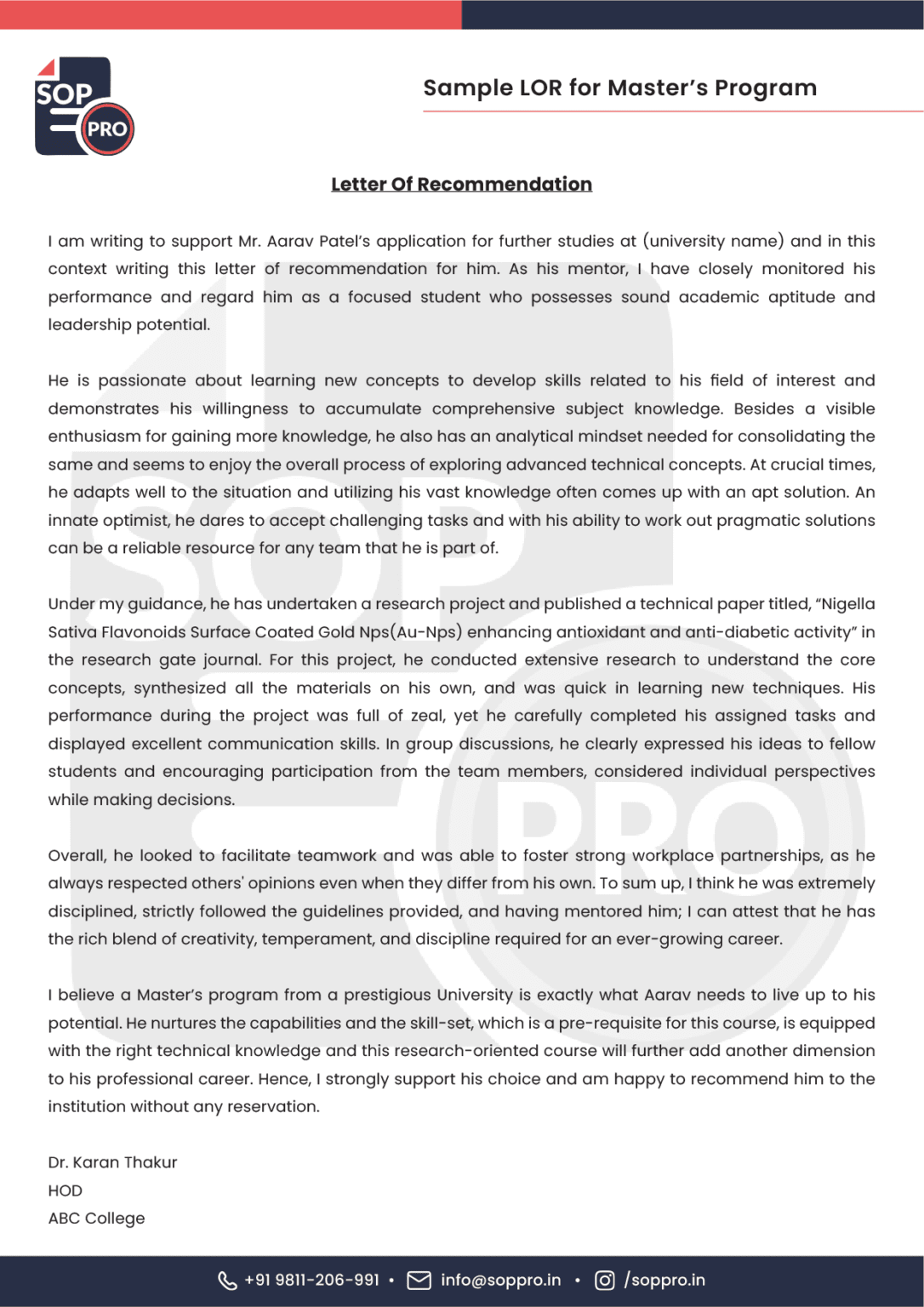 Academic LOR Samples and Examples in PDF format for Study Abroad