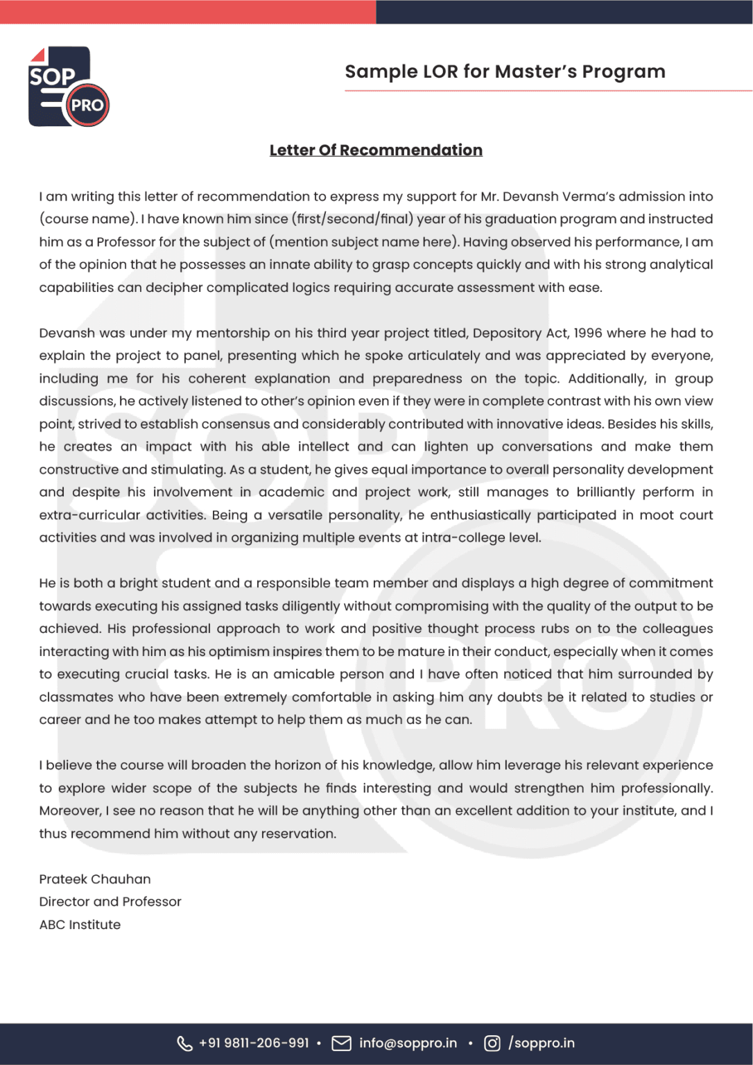 Academic LOR Samples and Examples in PDF format for Study Abroad