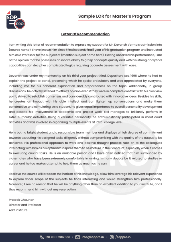 Academic LOR Samples and Examples in PDF format for Study Abroad