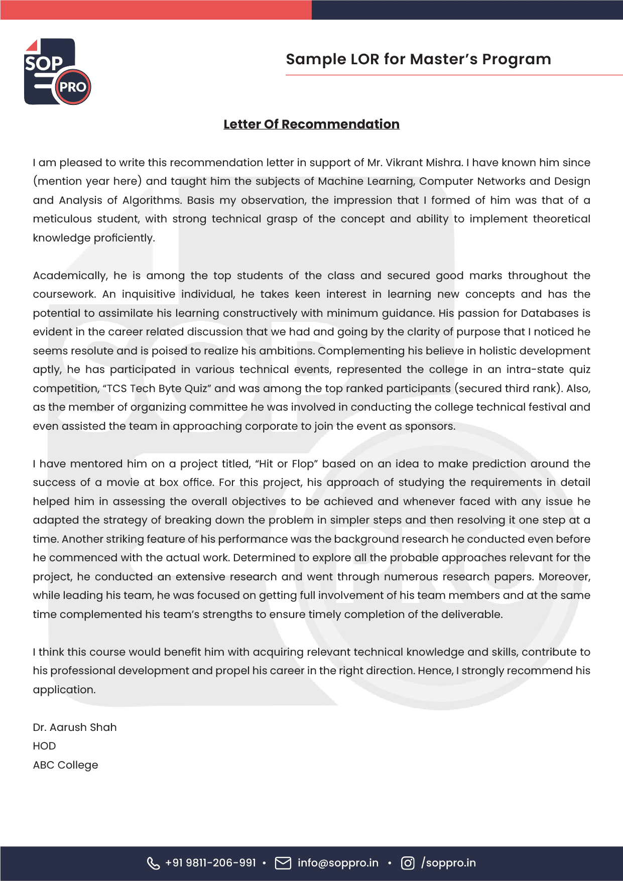 Academic LOR Samples and Examples in PDF format for Study Abroad