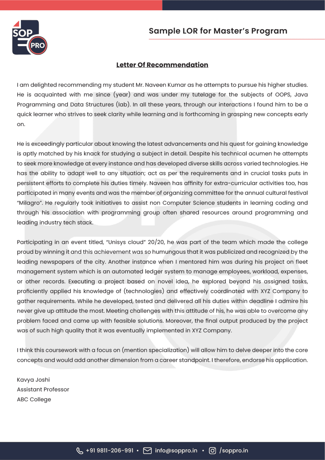 Academic LOR Samples and Examples in PDF format for Study Abroad