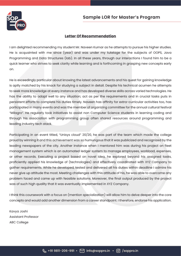 Academic LOR Samples and Examples in PDF format for Study Abroad