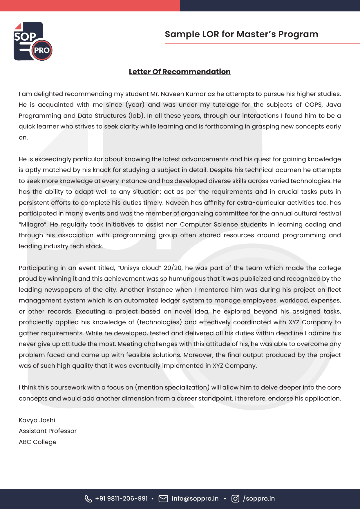 Academic LOR Samples and Examples in PDF format for Study Abroad