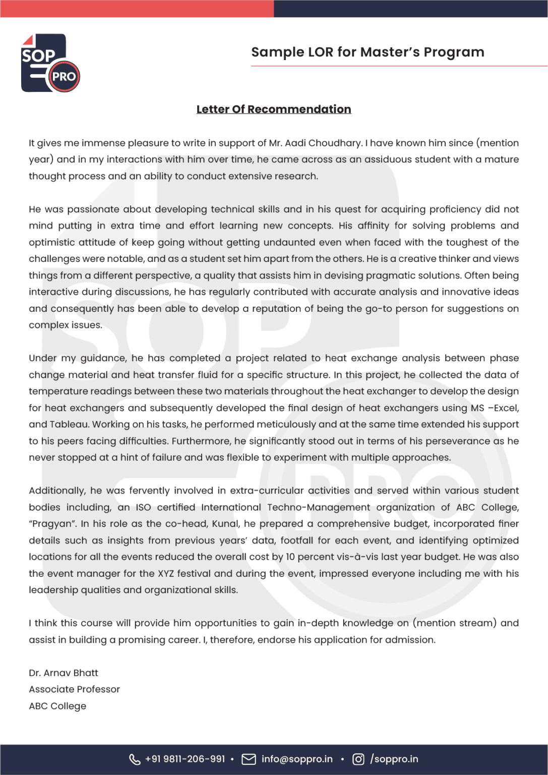 Academic LOR Samples and Examples in PDF format for Study Abroad