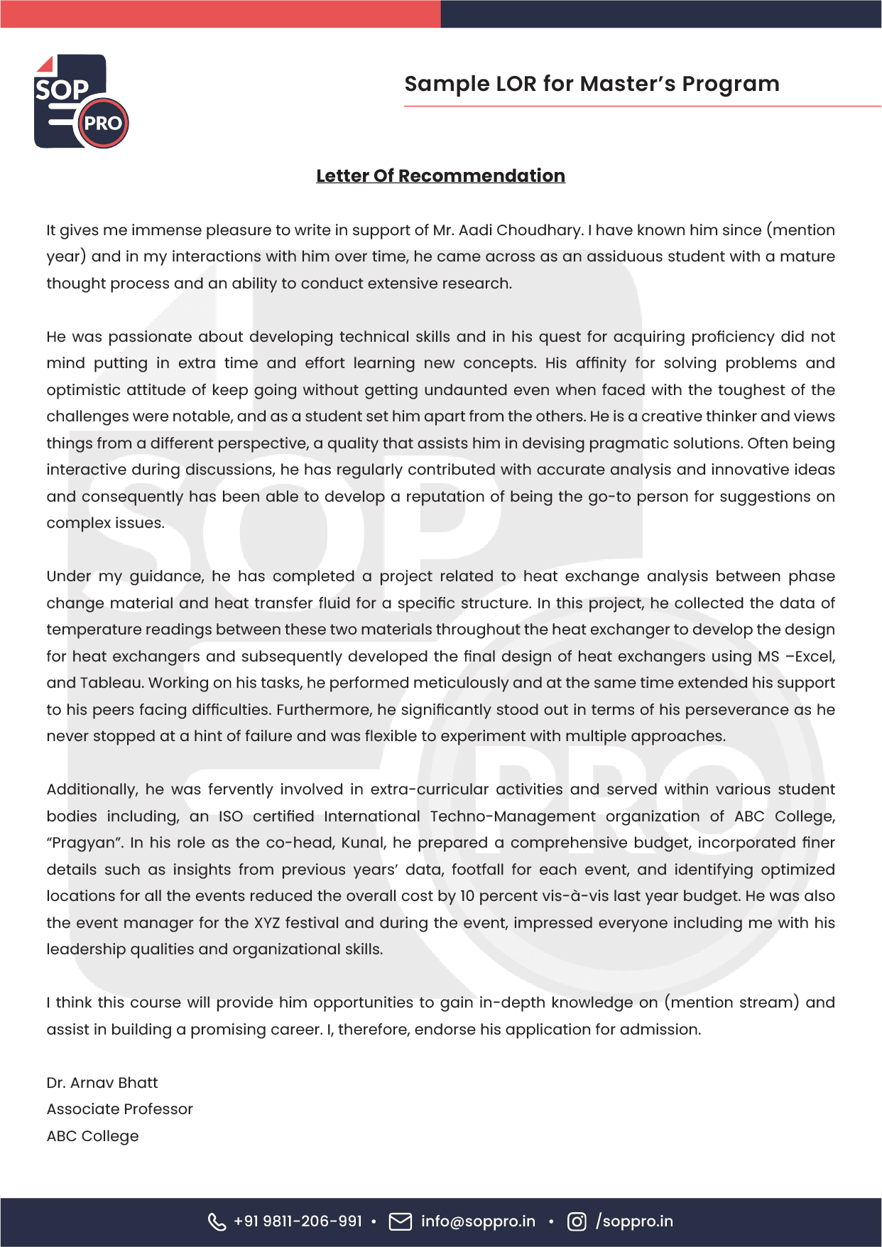 Academic LOR Samples and Examples in PDF format for Study Abroad