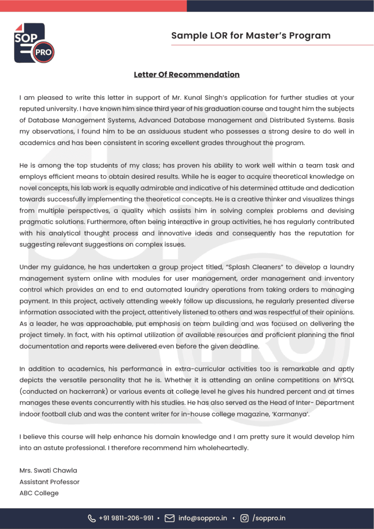 Academic LOR Samples and Examples in PDF format for Study Abroad