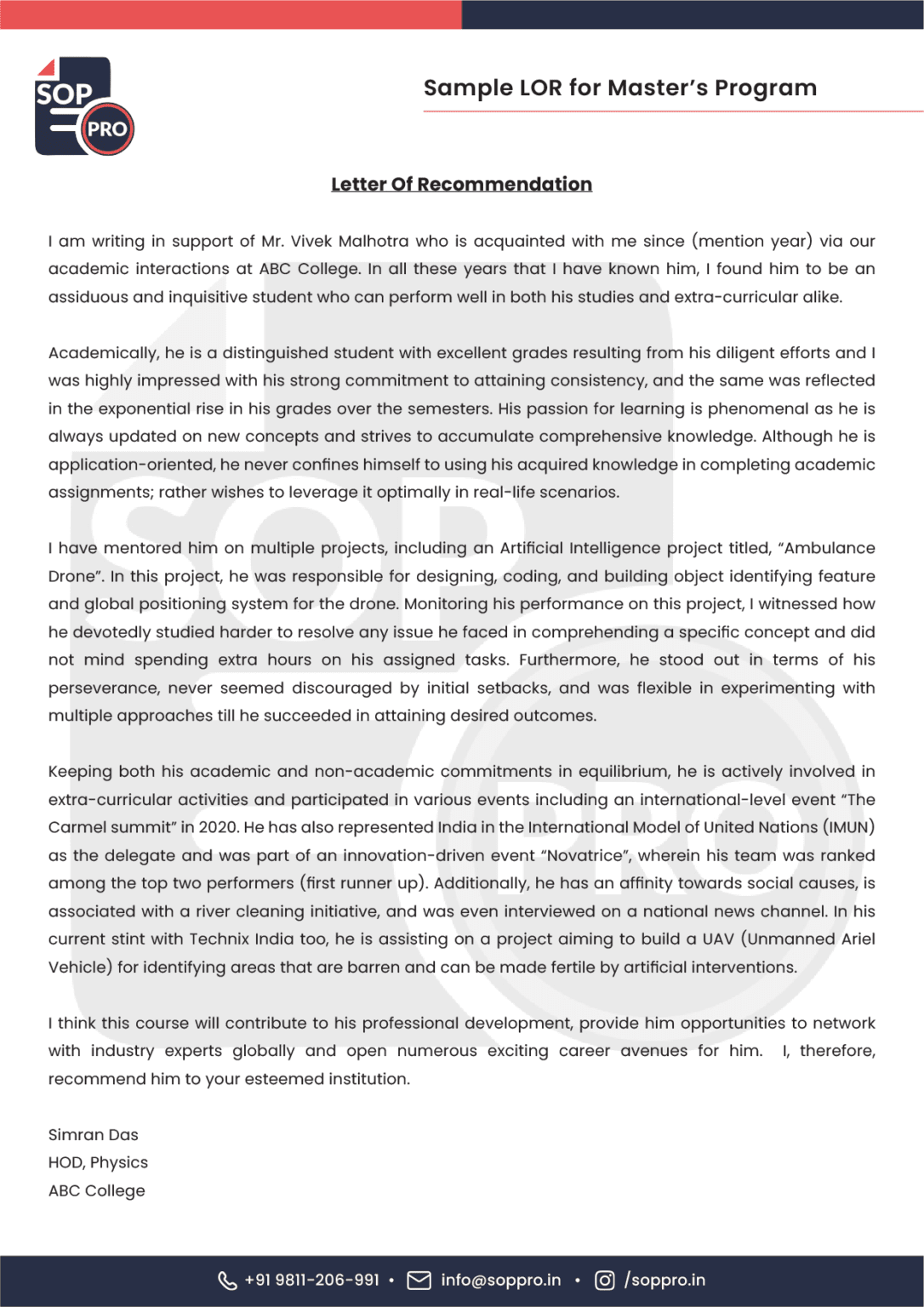 Academic LOR Samples and Examples in PDF format for Study Abroad