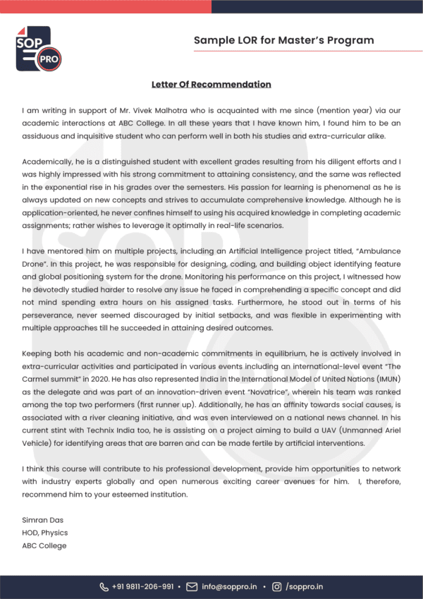 Academic LOR Samples and Examples in PDF format for Study Abroad