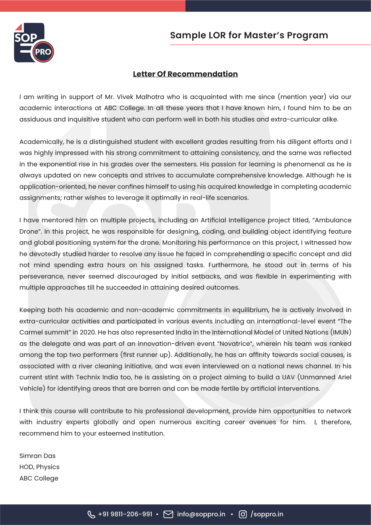 Academic LOR Samples and Examples in PDF format for Study Abroad