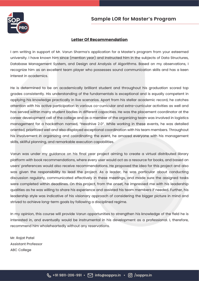 Academic LOR Samples and Examples in PDF format for Study Abroad