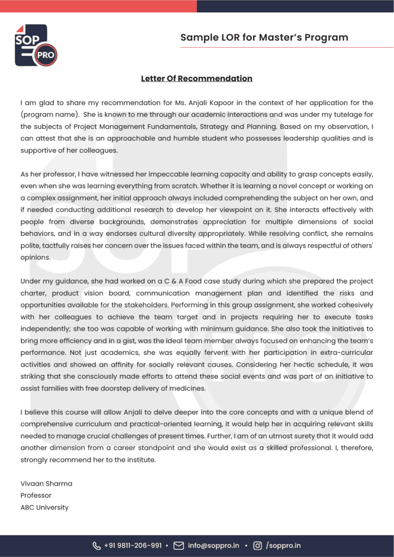 Academic LOR Samples and Examples in PDF format for Study Abroad