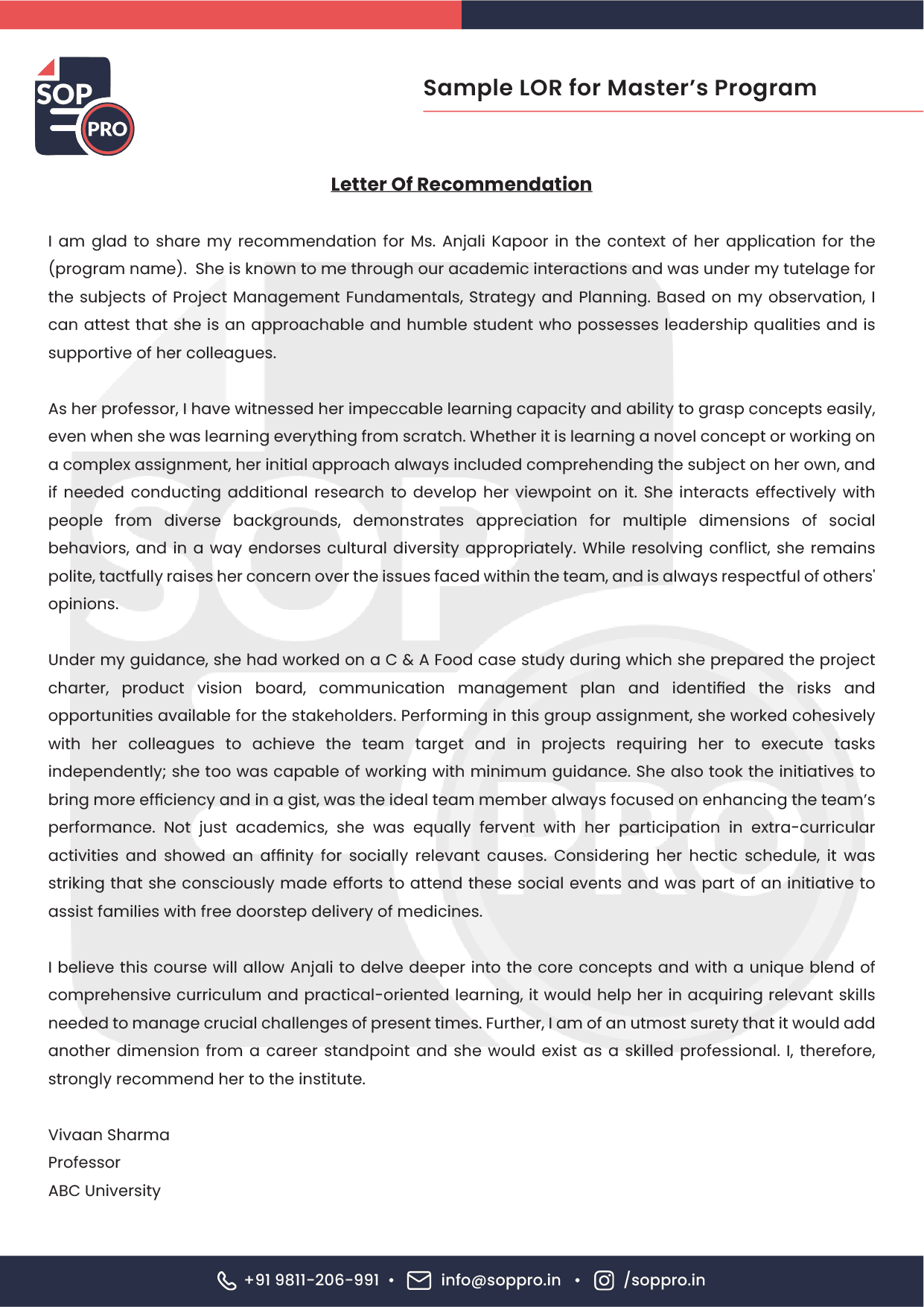 Academic LOR Samples and Examples in PDF format for Study Abroad