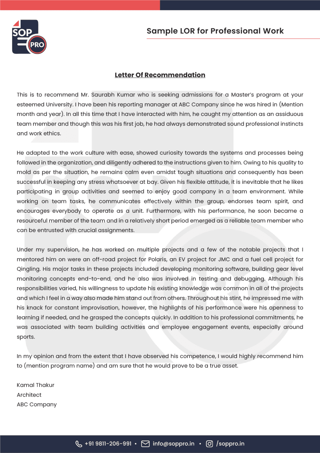 Professional LOR Samples and Examples in PDF format for Study Abroad