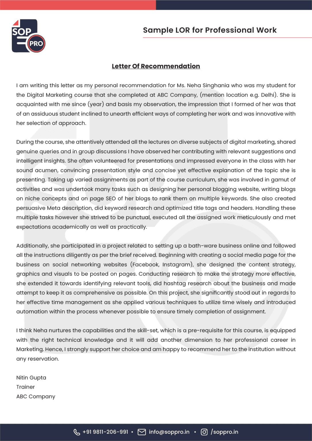 Professional LOR Samples and Examples in PDF format for Study Abroad