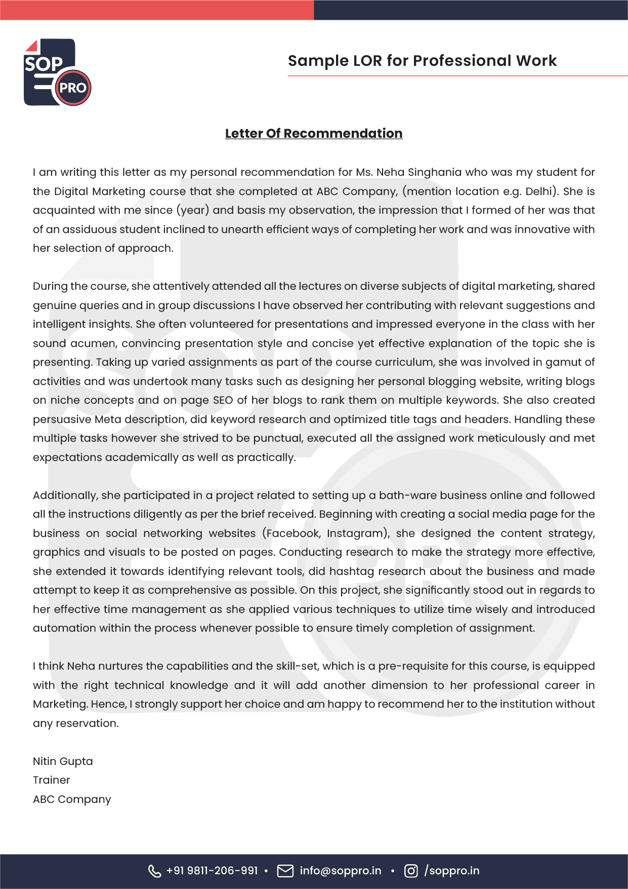 Professional LOR Samples and Examples in PDF format for Study Abroad