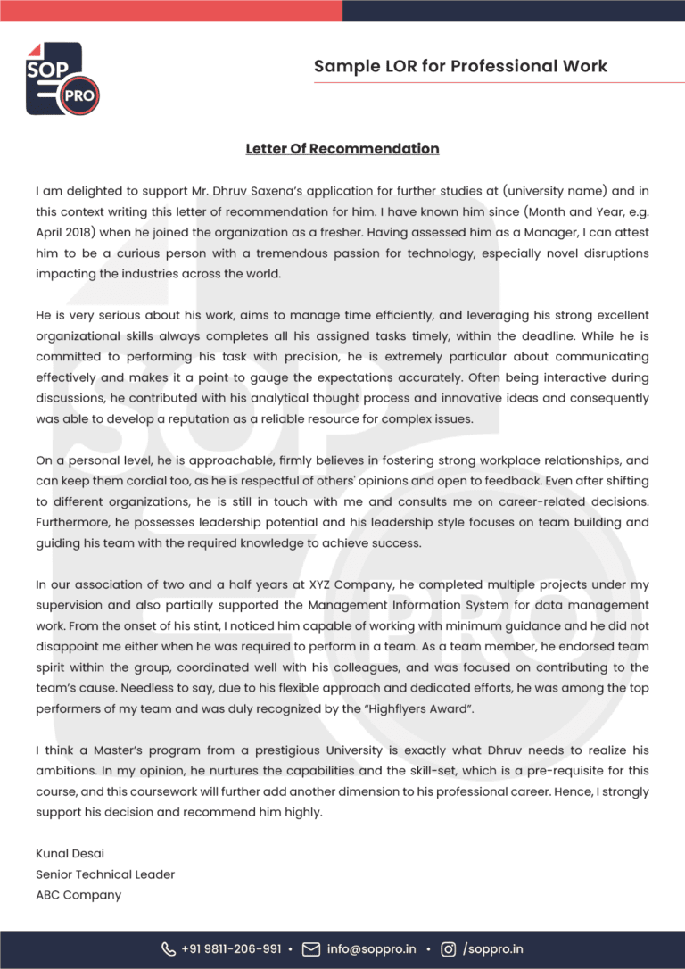 Professional LOR Samples and Examples in PDF format for Study Abroad