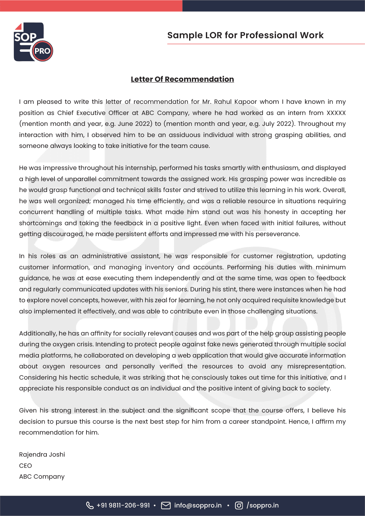 Professional LOR Samples and Examples in PDF format for Study Abroad