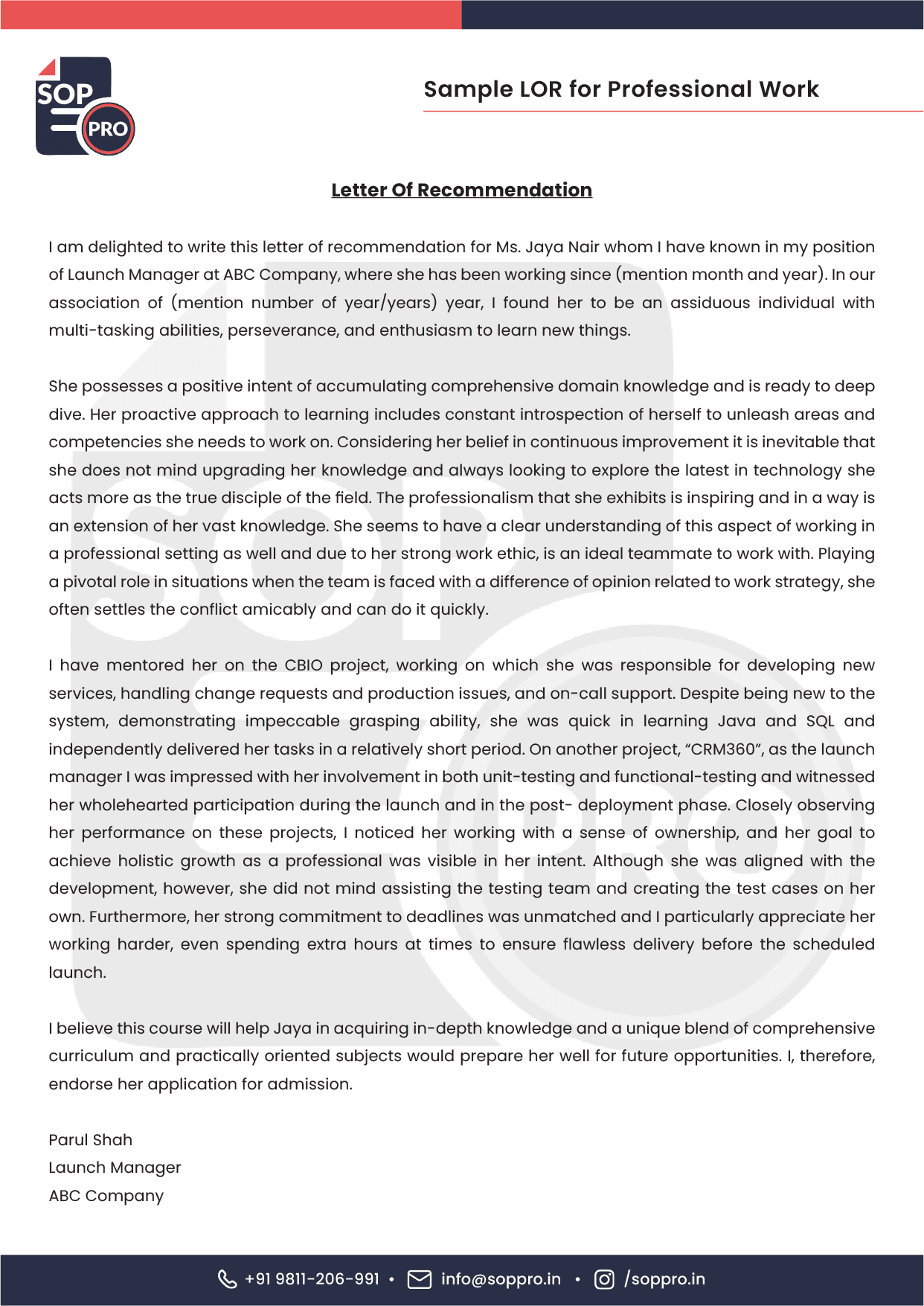 Professional LOR Samples and Examples in PDF format for Study Abroad