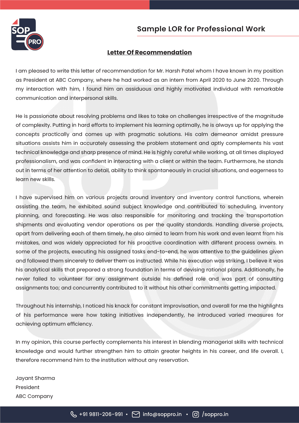 Professional LOR Samples and Examples in PDF format for Study Abroad