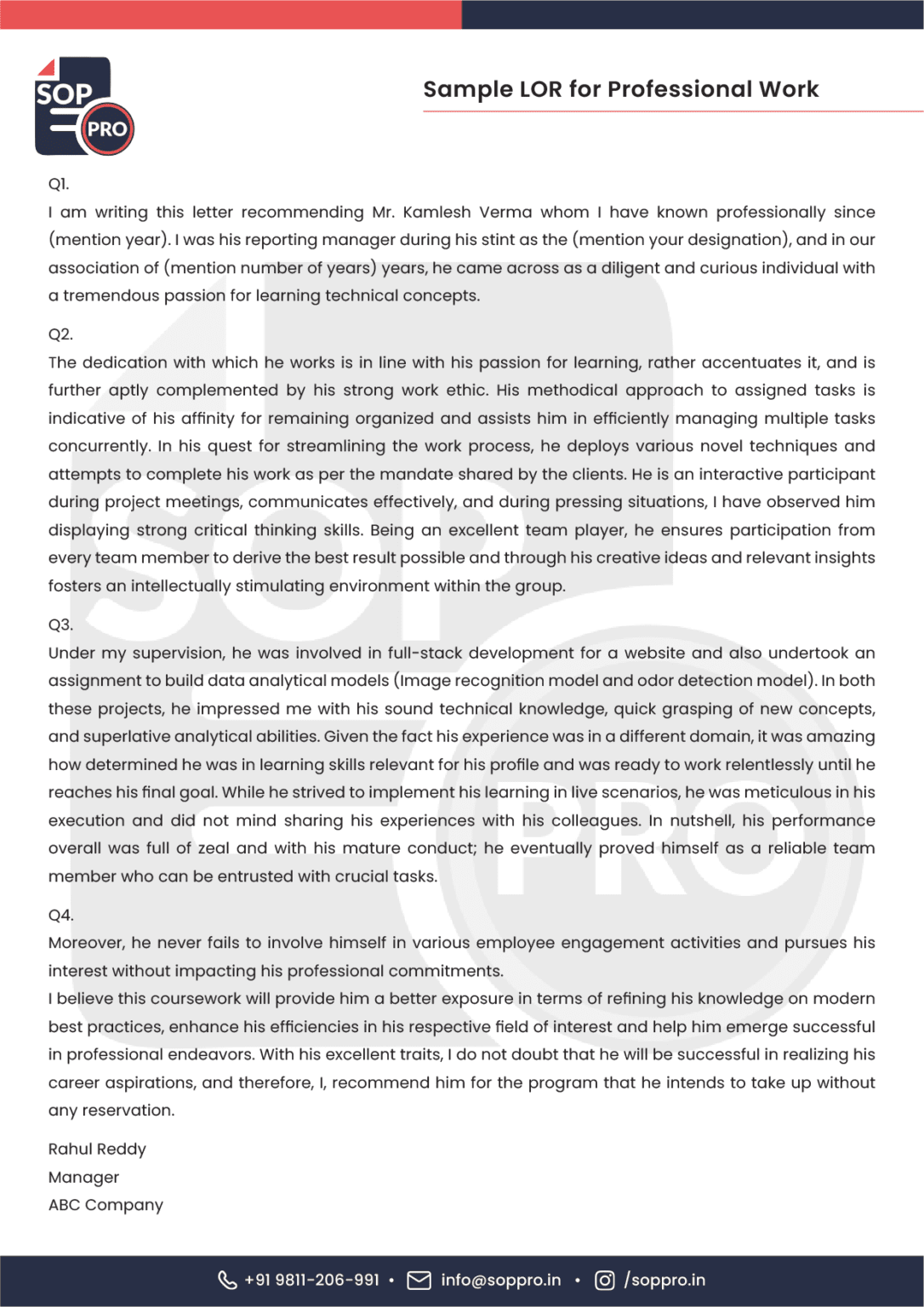 Professional LOR Samples and Examples in PDF format for Study Abroad